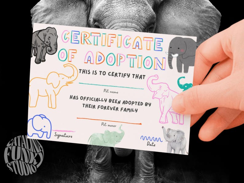 Elephant Adoption Certificate Canva Template | Instant Download 7x5 ...