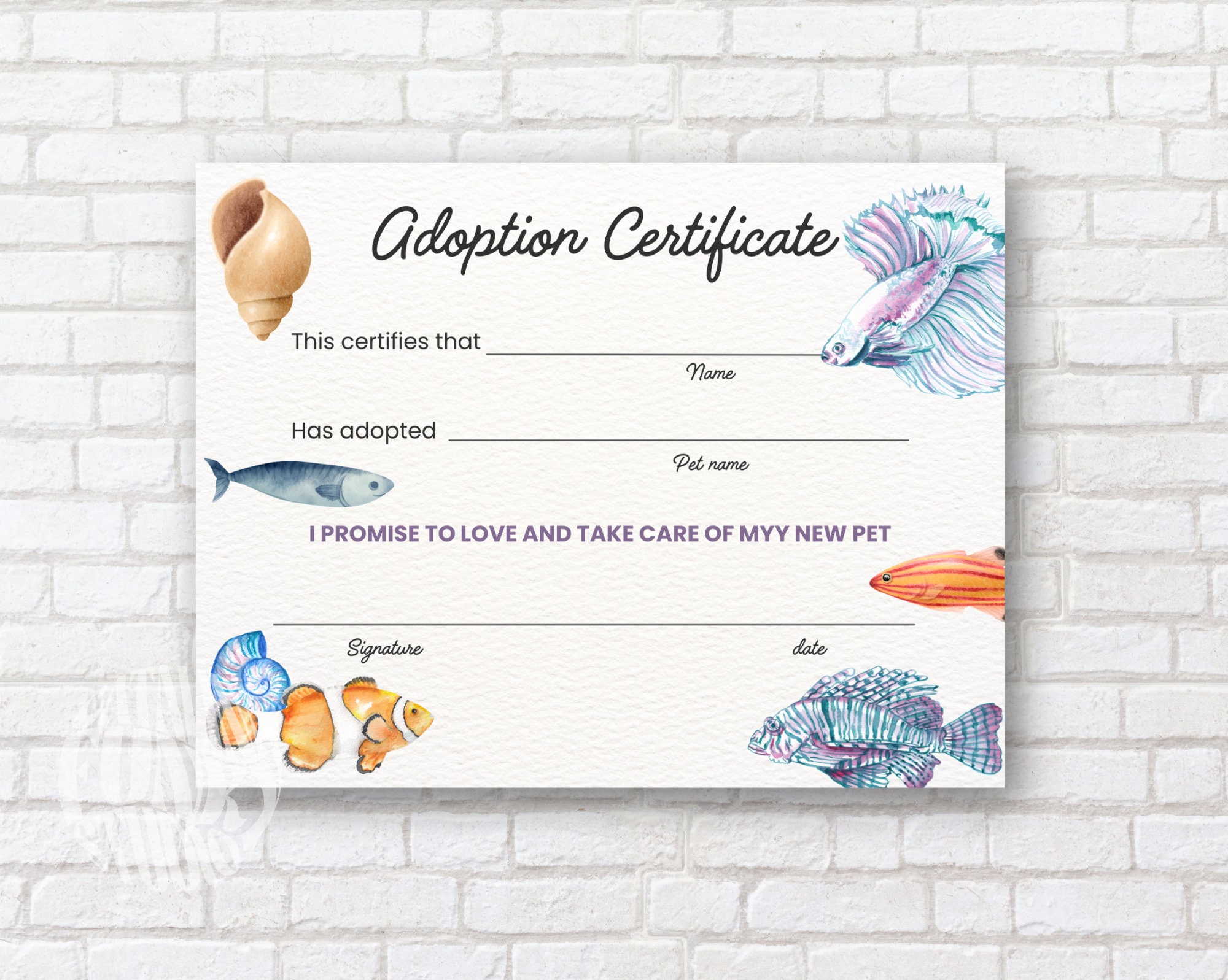 Fish Adoption Certificate, Pet Adoption Certificate, Editable Template ...