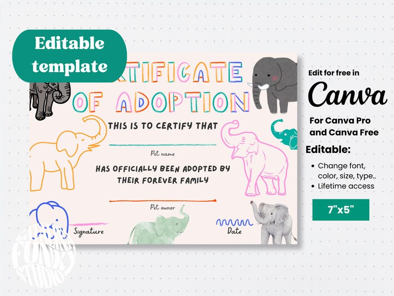 Elephant Adoption Certificate Canva Template | Instant Download 7x5 ...