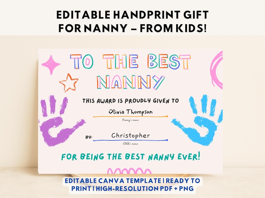 Best Nanny Award Handprint Gift From Kids Editable Canva Template ...