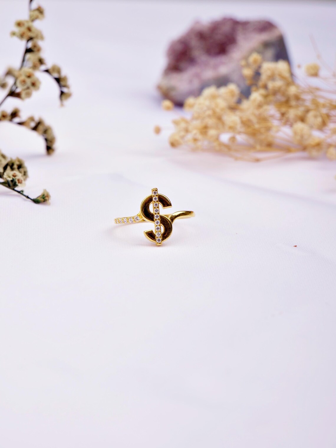 14K Solid Gold Dollar Sign Ring With Sparkling CZ Stones, Unique ...