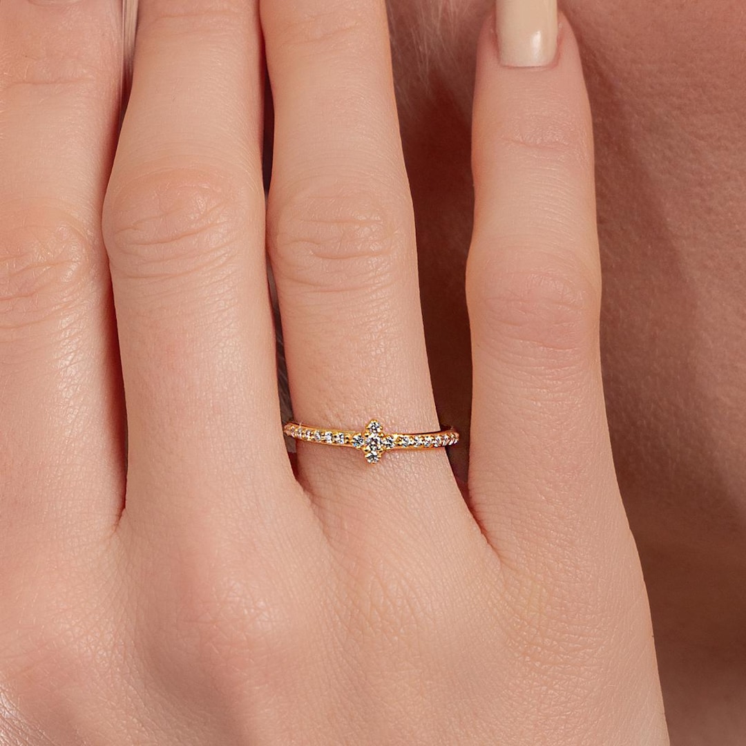 14K Solid Gold Promise Ring With CZ Stones, Elegant Minimalist Design ...