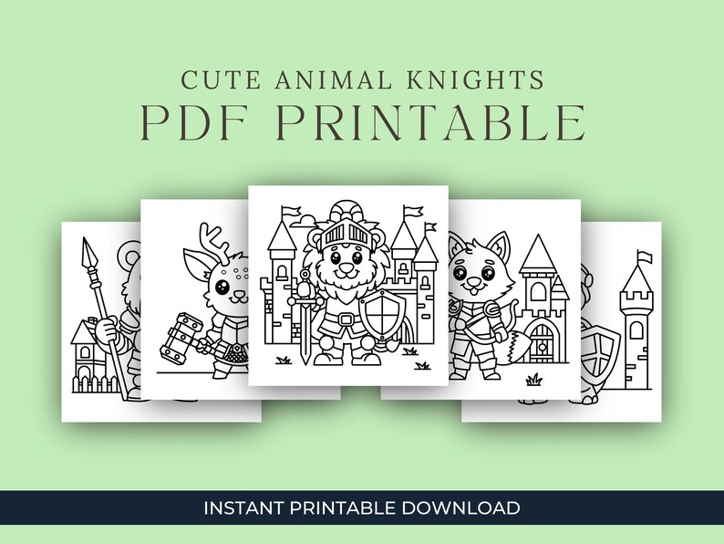 Cute Animal Knights Coloring Pages Bundle Printable Medieval Fantasy ...