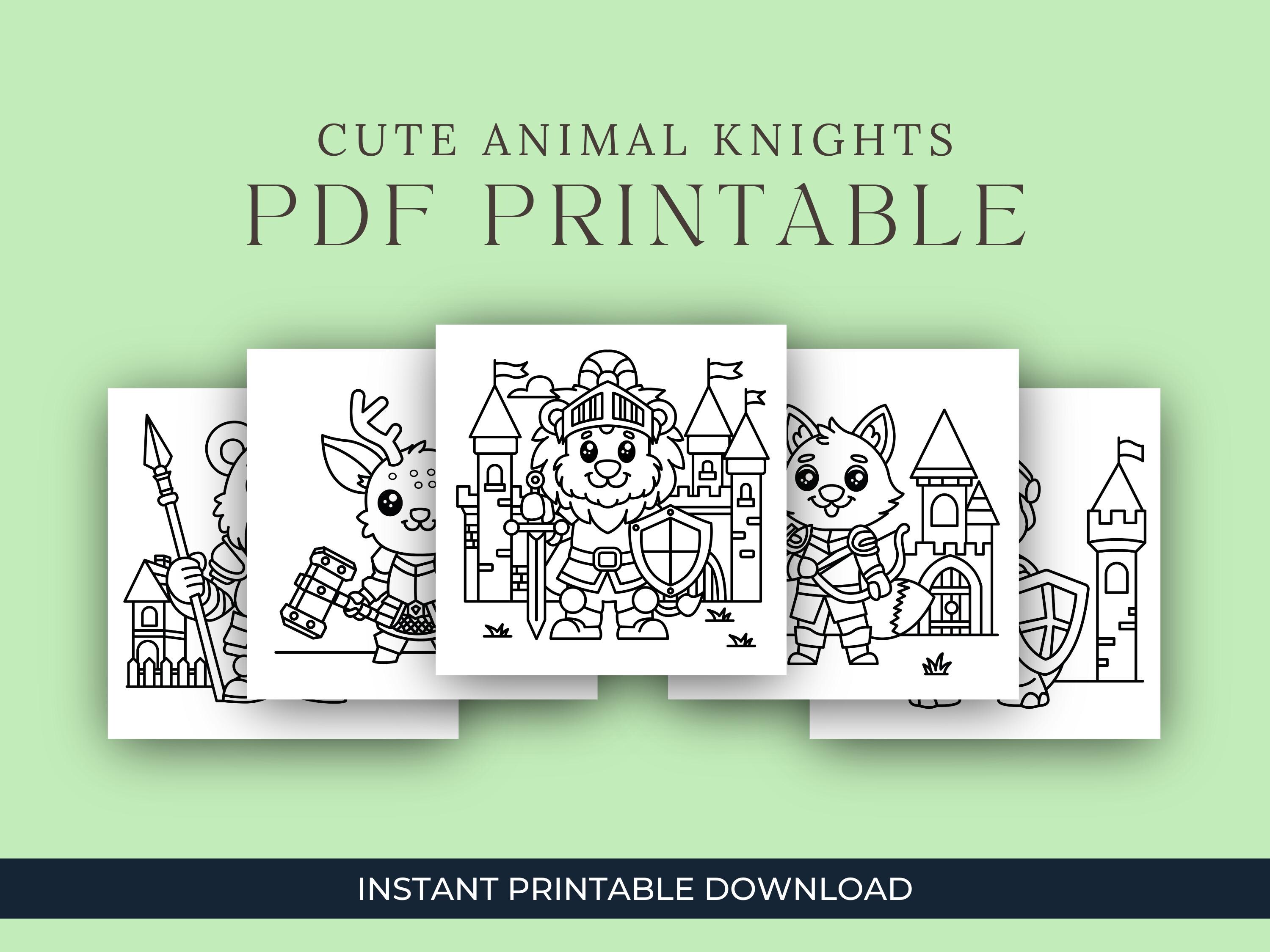 Cute Animal Knights Coloring Pages Bundle Printable Medieval Fantasy ...