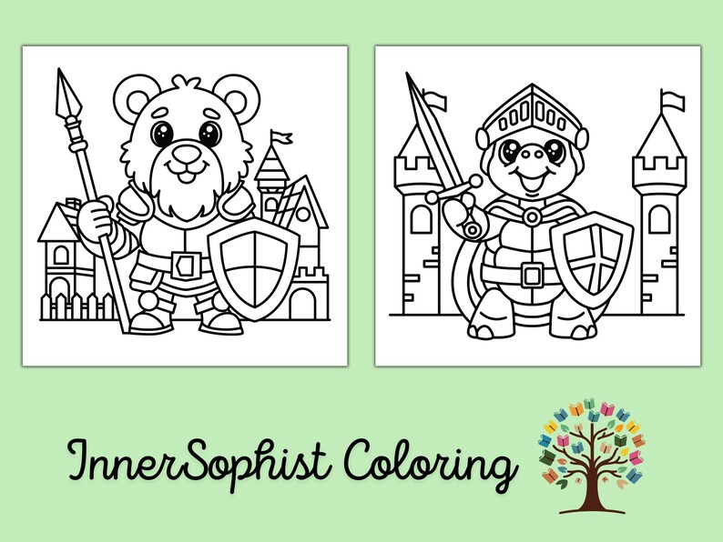 Cute Animal Knights Coloring Pages Bundle Printable Medieval Fantasy ...