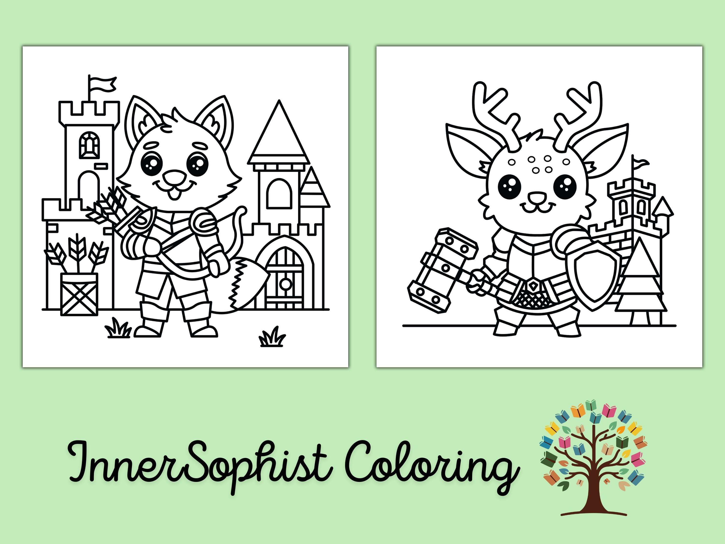 Cute Animal Knights Coloring Pages Bundle Printable Medieval Fantasy ...