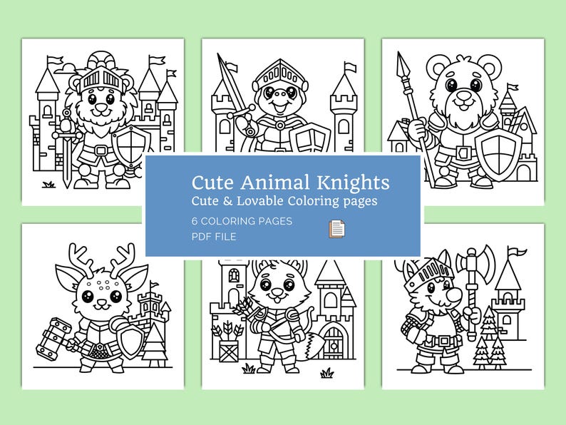 Cute Animal Knights Coloring Pages Bundle Printable Medieval Fantasy ...