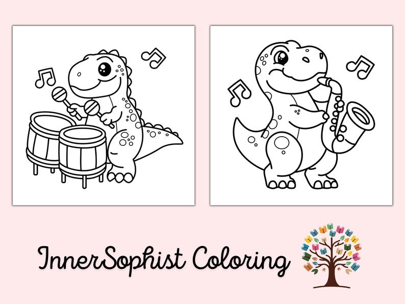 Cute T-rex Music Coloring Pages Bundle Printable Dinosaur Coloring Book ...