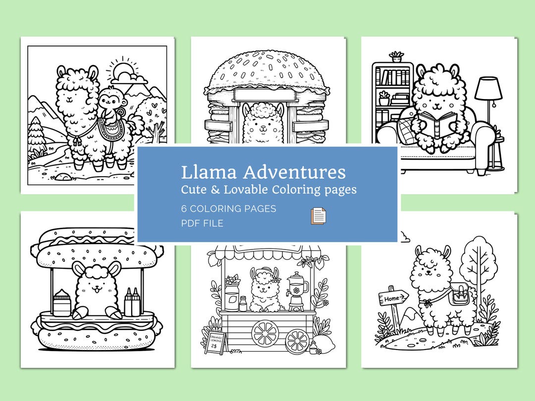 Llama Adventures Coloring Pages Bundle Printable Cute Llama Coloring ...