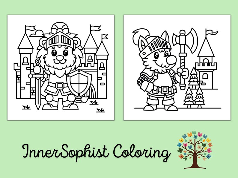 Cute Animal Knights Coloring Pages Bundle Printable Medieval Fantasy ...