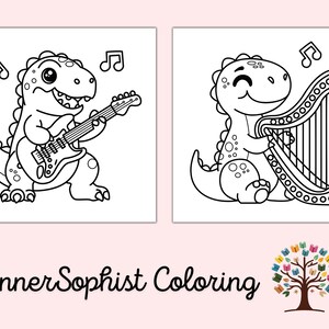 Cute T-rex Music Coloring Pages Bundle Printable Dinosaur Coloring Book ...