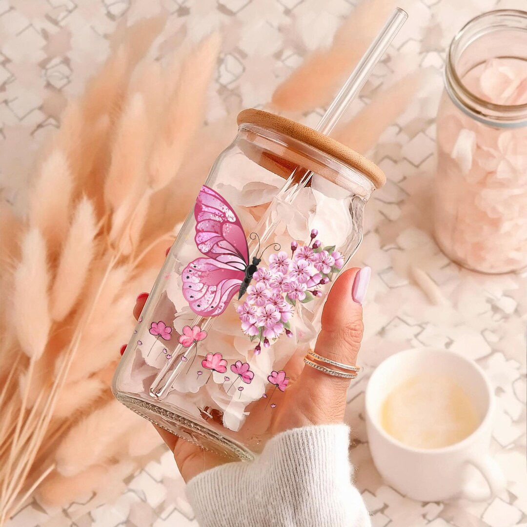 Pink Butterfly Glass Cup, Pink Floral, Beer Can Glass, Libbey Cup ...