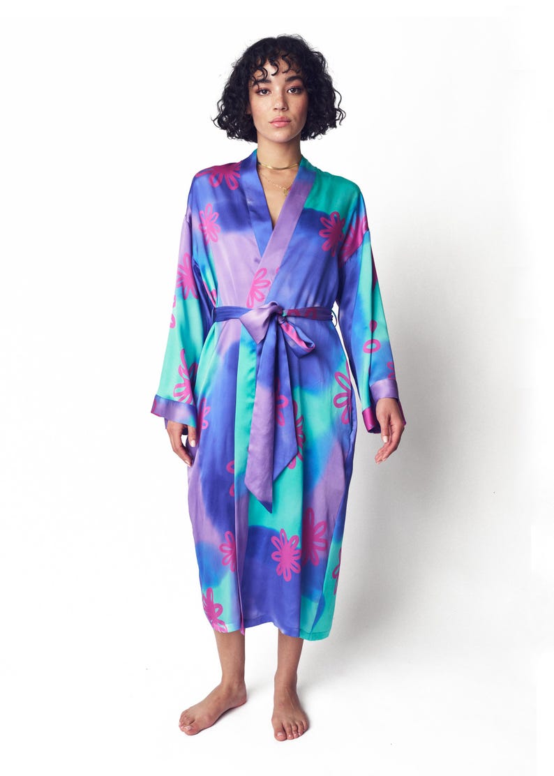 Watercolor Floral 100% Mulberry Silk Robe | Blue, Purple, Pink ...