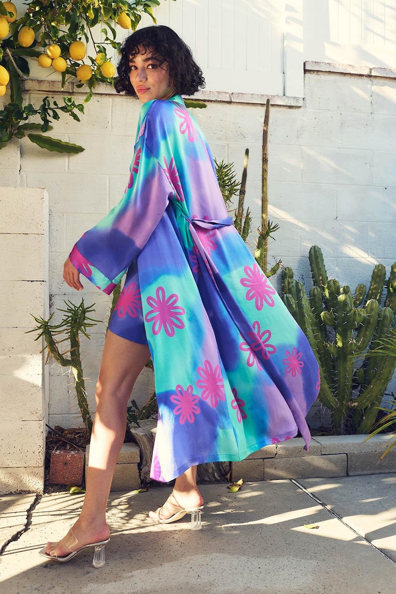 Watercolor Floral 100% Mulberry Silk Robe | Blue, Purple, Pink ...