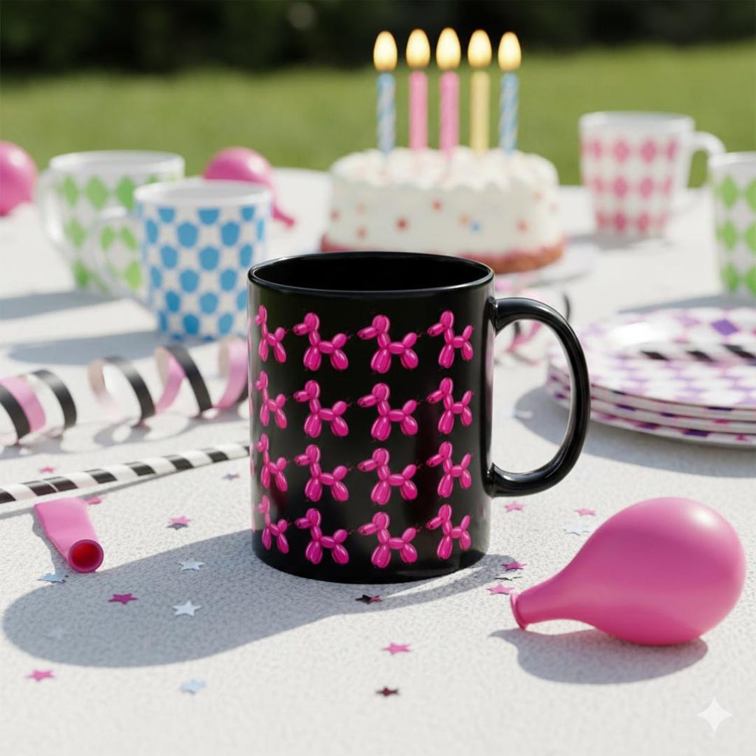 Funny Mugs, Black Mug, Pink Balloon Dog Art, Fun, Trendy Beverage Cup ...