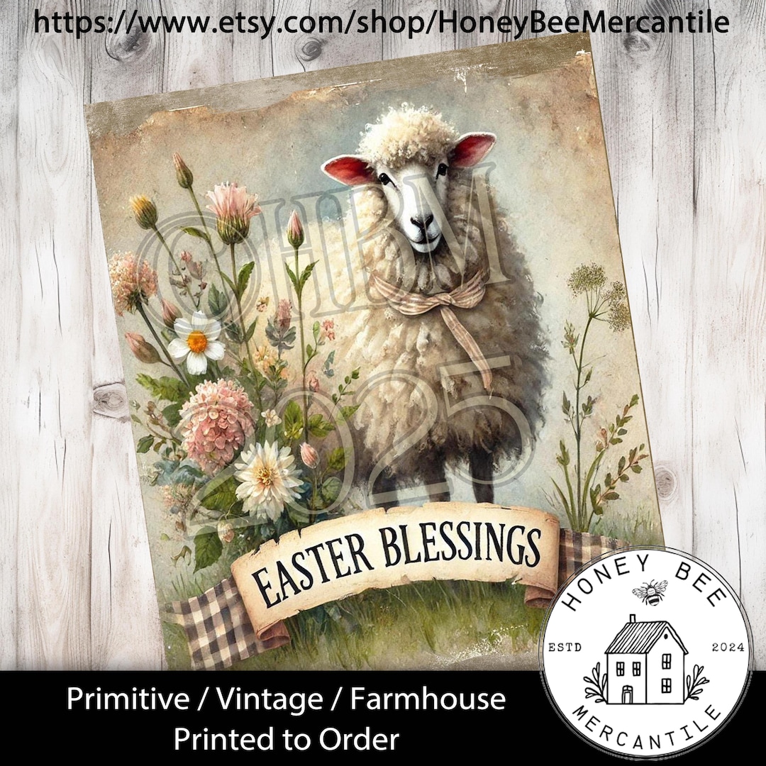 Vintage Primitive Farmhouse, Print, Craft Supplies, Decoupage, Rice Paper, Easter, Lamb, Sheep ...