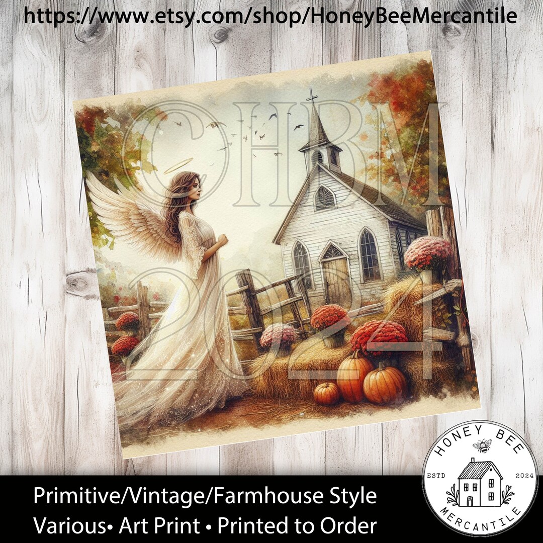 Vintage Primitive Farmhouse 8x8 Rice Print, Autumn, Harvest, Fall Angel ...