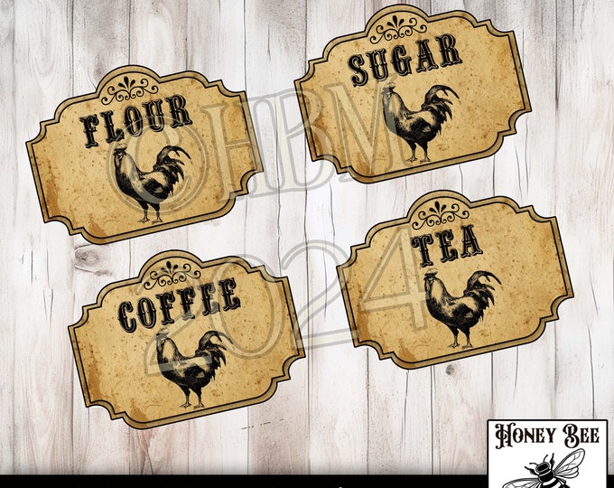 Vintage Primitive Farmhouse Style Kitchen Rooster Labels, Use for Jars ...