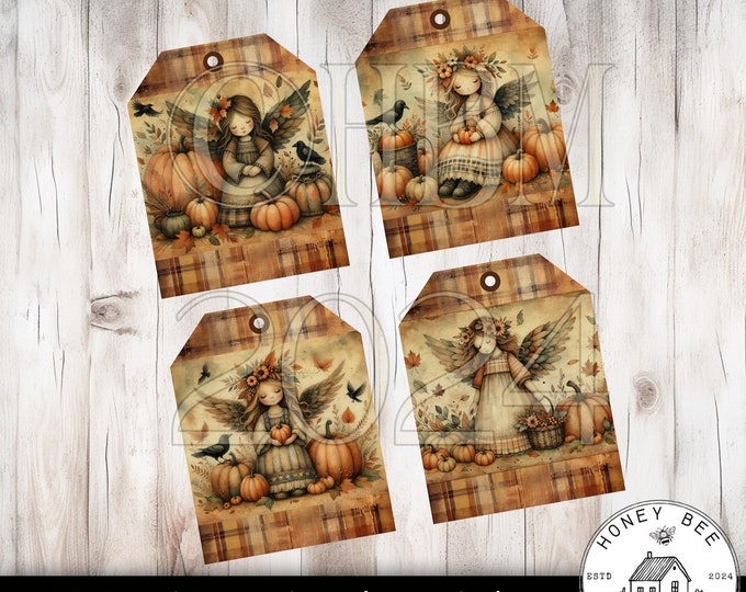 Vintage Primitive Farmhouse - 3x4 Set of 4, Hang Tags Autumn, Harvest ...