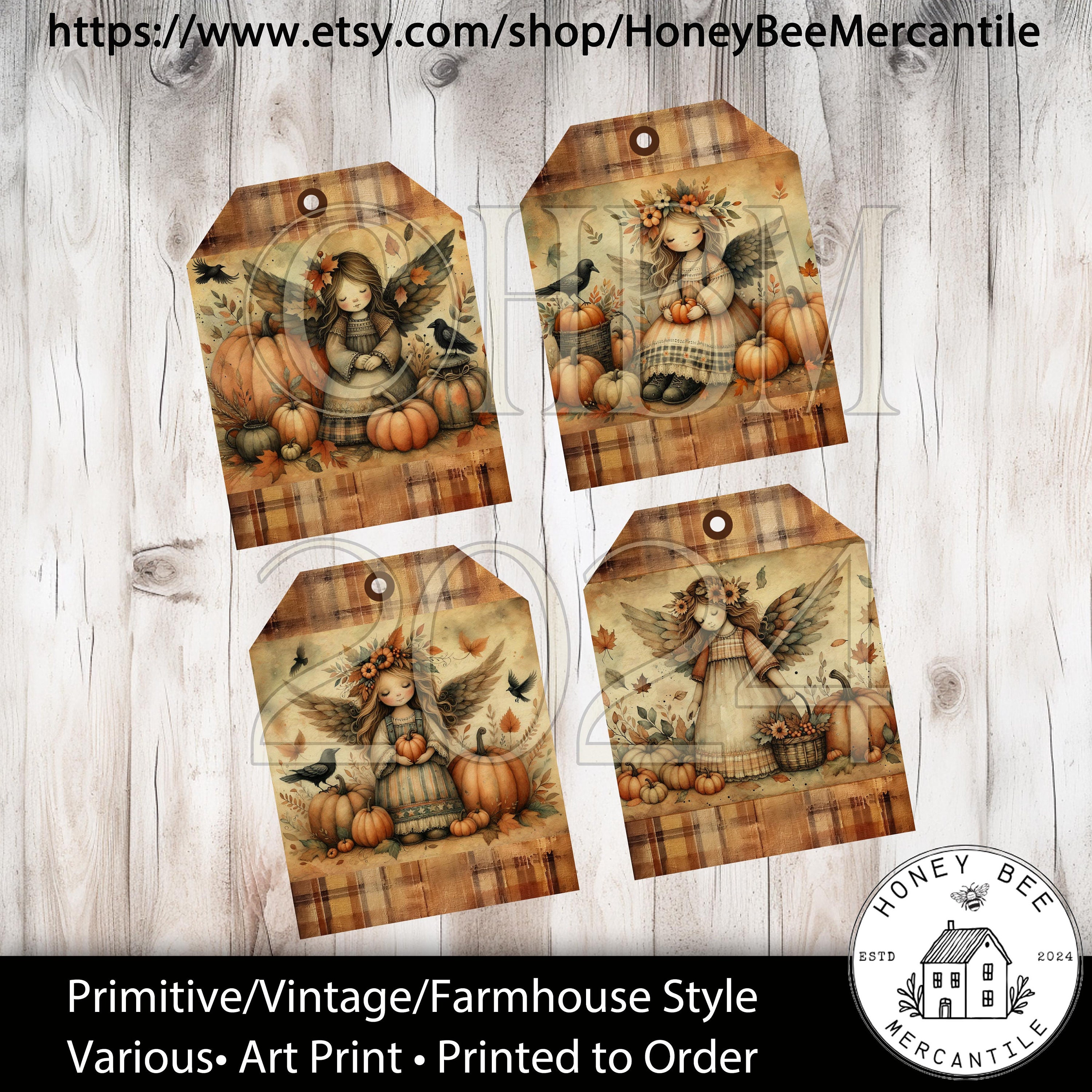 Vintage Primitive Farmhouse 3x4 Set of 4, Hang Tags Autumn, Harvest ...