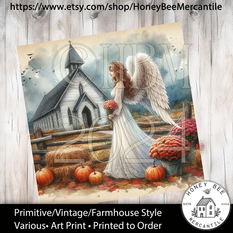 Vintage Primitive Farmhouse 8x8 Rice Print, Autumn, Harvest, Fall Angel ...