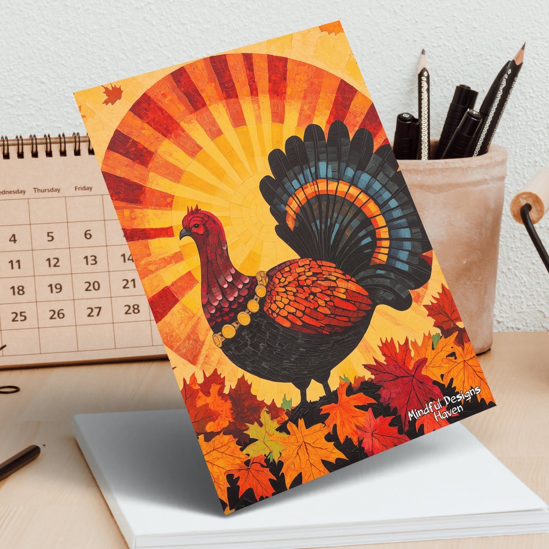 Thanksgiving Turkey Greeting Card Autumn Leaves Fall Sunburst Design ...