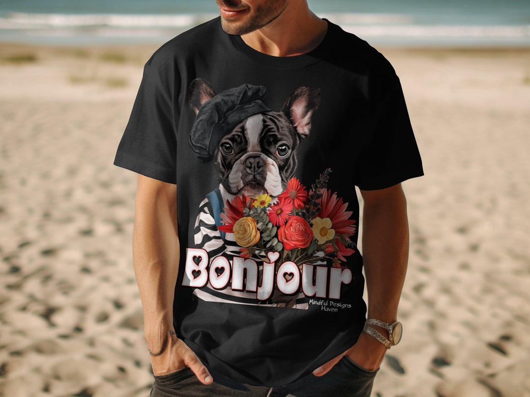 French Bulldog Bonjour Graphic, Cute Dog in Beret With Flowers Shirt ...