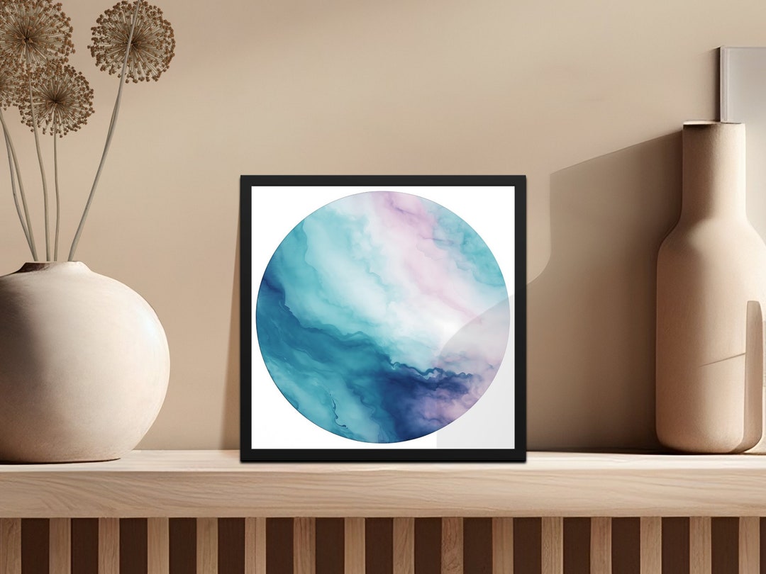 Abstract Oceanic Round Wall Art, Modern Blue and Pink Art Print, Ethereal Fluid Art, Coastal ...