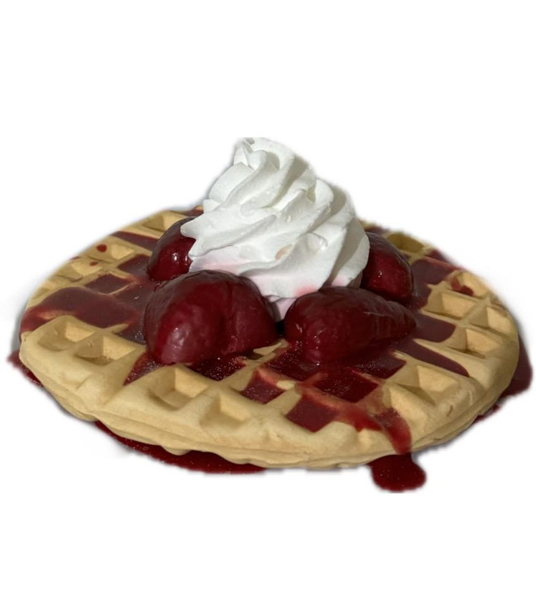 6” Round Strawberry Waffle, FAKE FOOD, Glazed With Fruit Syrup on a 9 ...