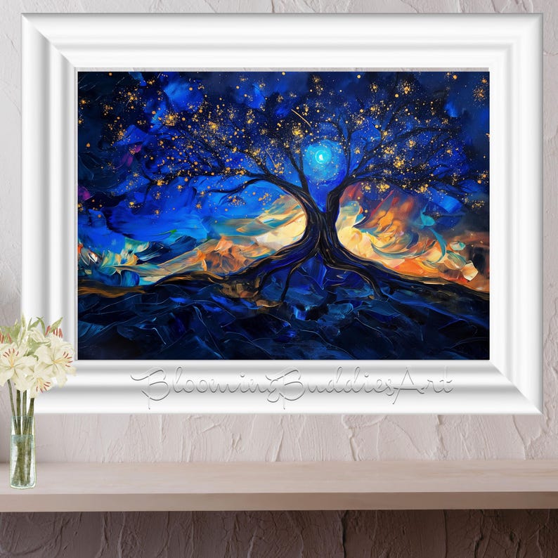 Abstract Starry Night Tree Canvas Wall Art, Fantasy Art, Enchanted ...