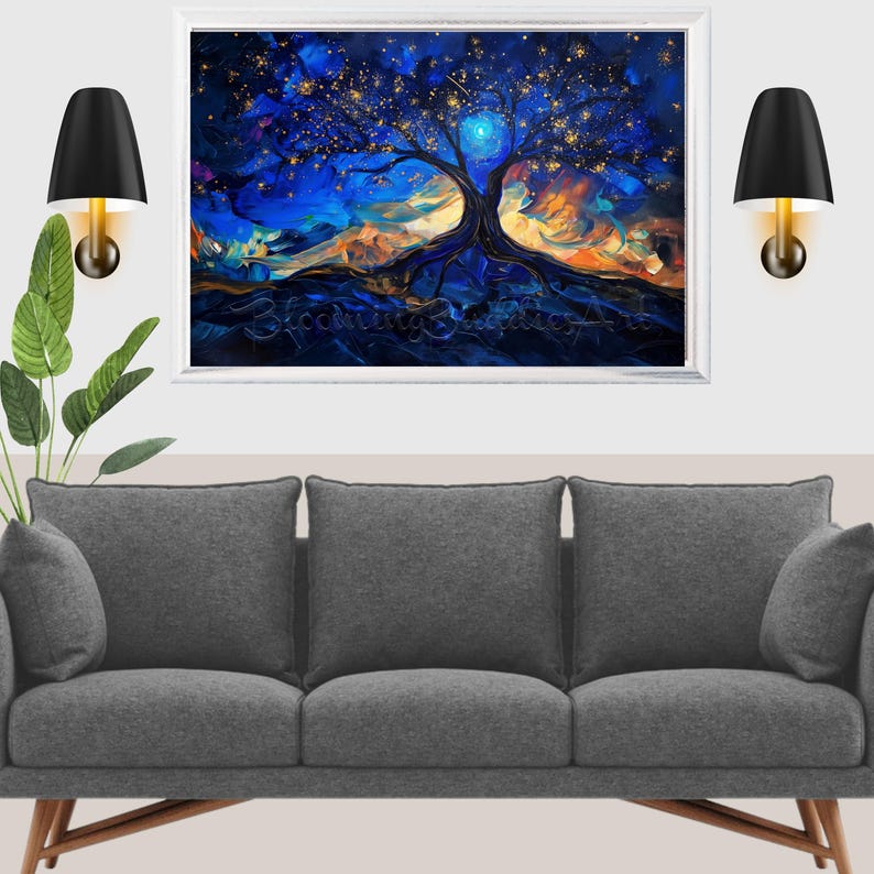 Abstract Starry Night Tree Canvas Wall Art, Fantasy Art, Enchanted ...