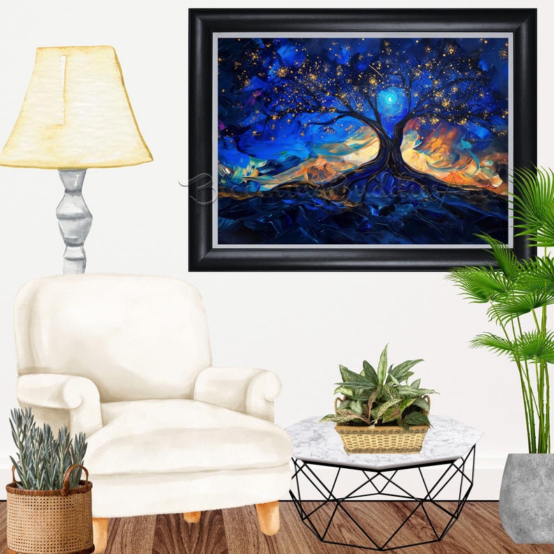Abstract Starry Night Tree Canvas Wall Art, Fantasy Art, Enchanted ...