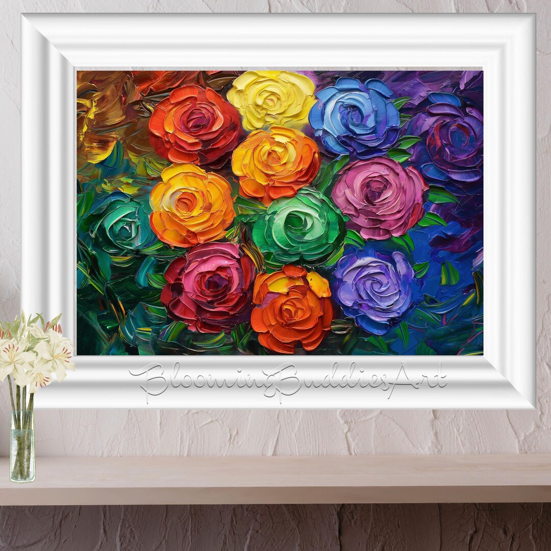 Colorful Rose Flowers Wall Art, Rainbow Floral Art, Bright Home Decor ...
