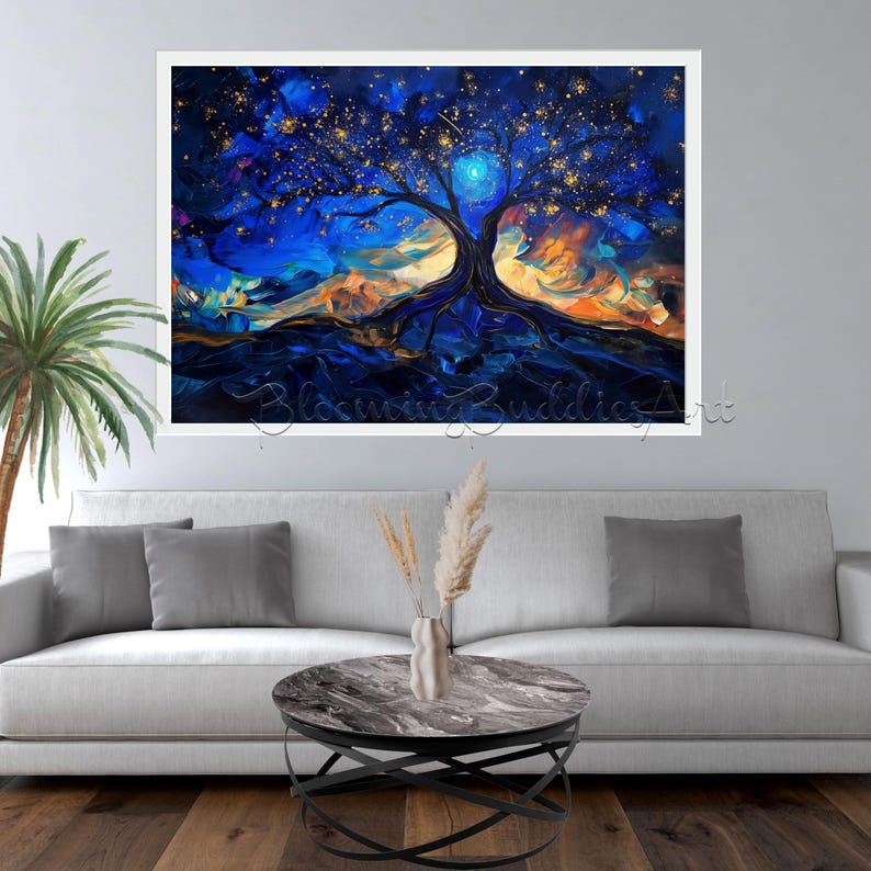 Abstract Starry Night Tree Canvas Wall Art, Fantasy Art, Enchanted ...