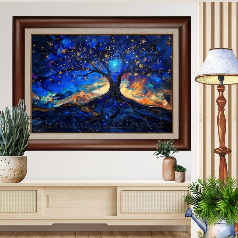 Abstract Starry Night Tree Canvas Wall Art, Fantasy Art, Enchanted ...