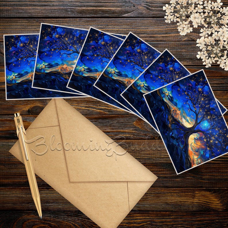 Abstract Starry Night Tree Canvas Wall Art, Fantasy Art, Enchanted ...