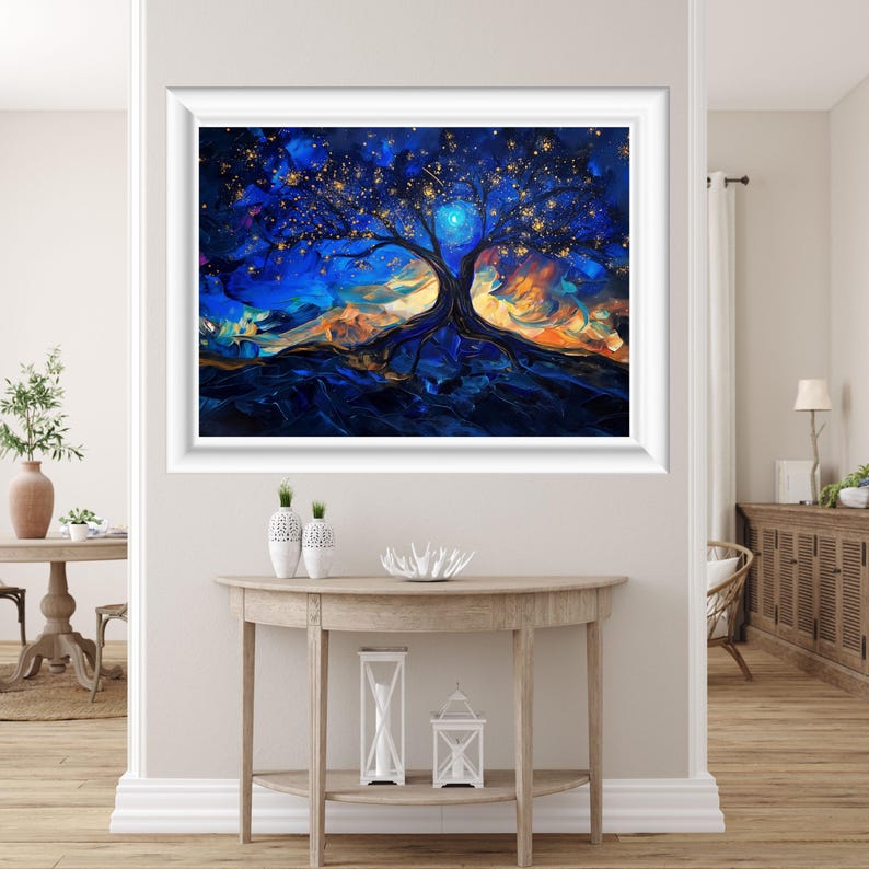 Abstract Starry Night Tree Canvas Wall Art, Fantasy Art, Enchanted ...