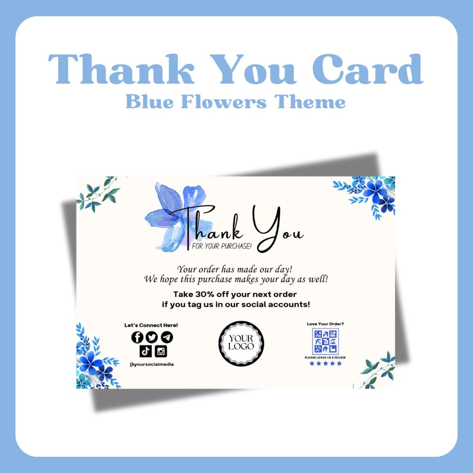 Thank You Card Blue Flower Watercolor - Etsy