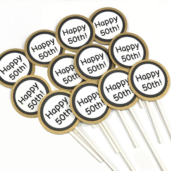 50th Birthday Cupcake Toppers Happy 50th Black Gold And White Or