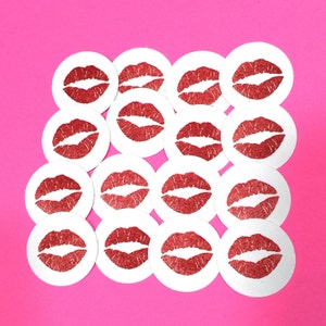 Kissy Lip Valentine Stickers 1 Inch Round, Red, Handmade, Smooch, Set ...