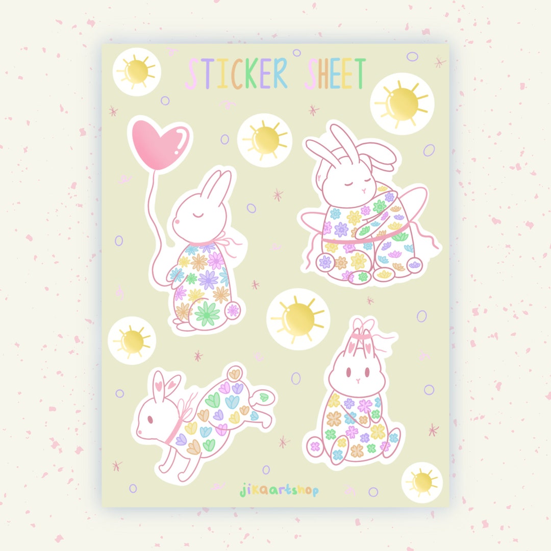 Cute Bunny Stickers Floral Bunny Sticker Colorful Rabbit Sticker Sheet ...