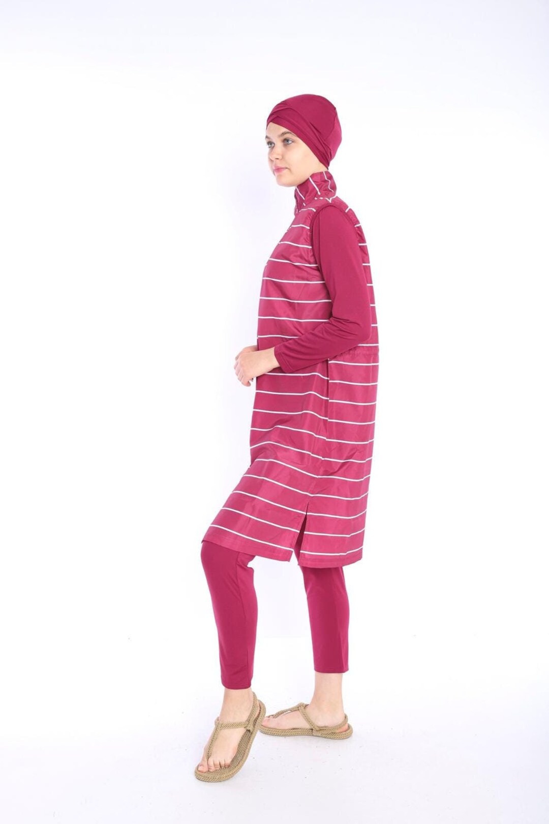 Striped Modest Burkini Swimsuit Islamic Swimsuit Waterproof Women's ...