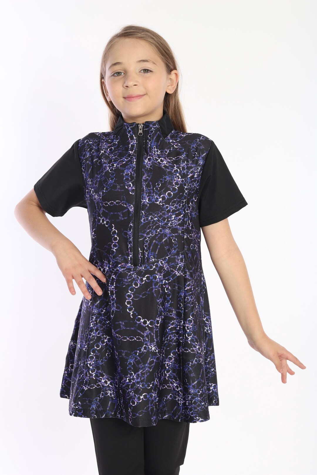 Burkini Girls Blue Black Swimsuits for Kids Full Cover the Long Dress ...