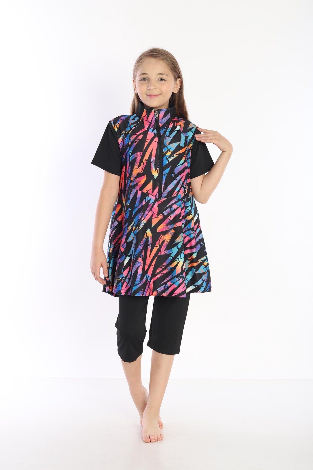 Burkini Girls Multicolor Swimsuits for Kids Full Cover the Long Dress ...
