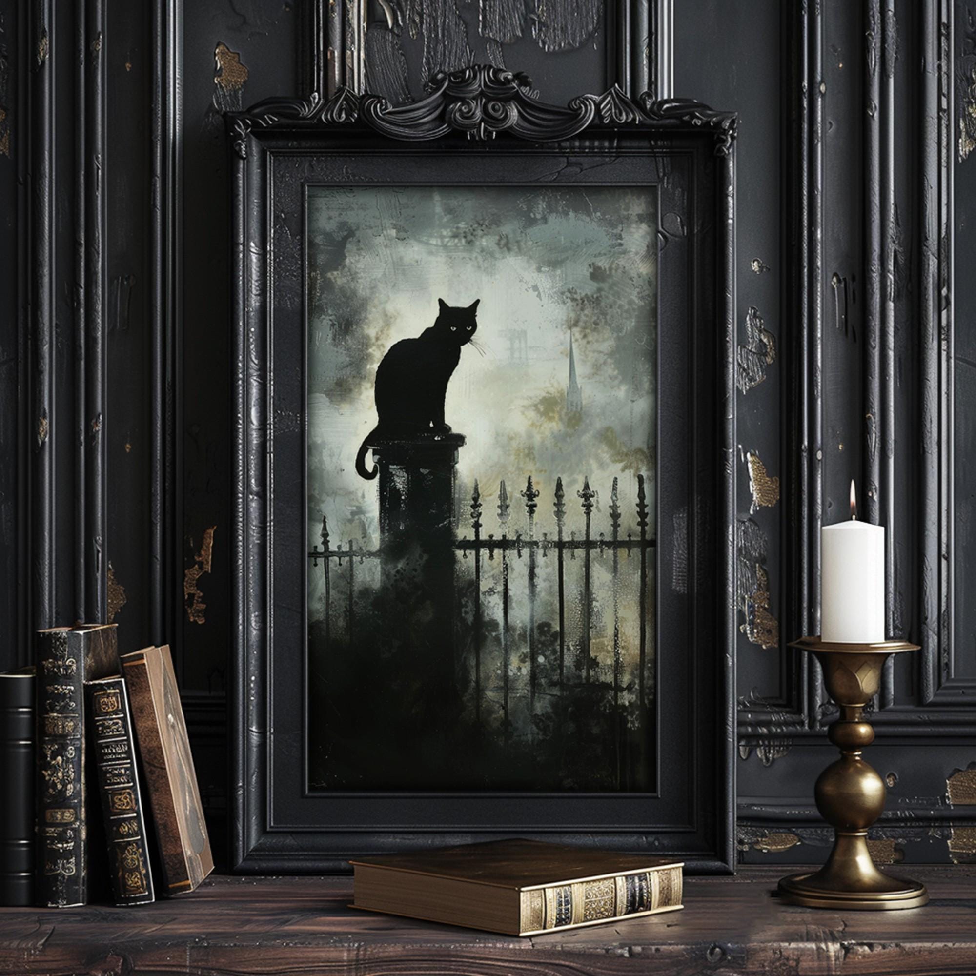 Black Cat on the Fence Gothic Poster Wanddeko, Cat Poster,frameless ...