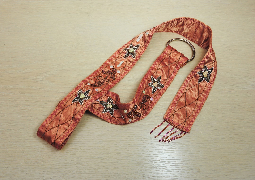 70's Peach Satin Belt With Embroidery, FESTIVAL Wear, Boho Hippy Style ...