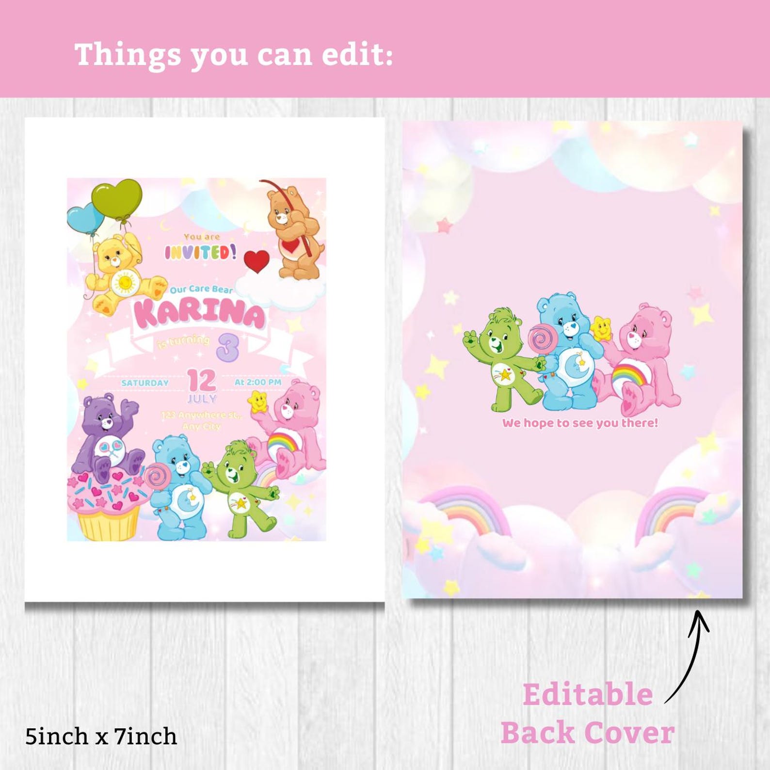Editable Care Bears Birthday Invitation, Care Bear Birthday Invitation ...