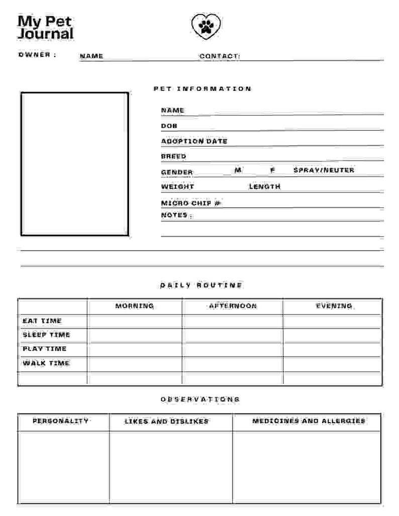 2-page Digital Pet Health Journal Templates. Printable. Pet Sitter ...