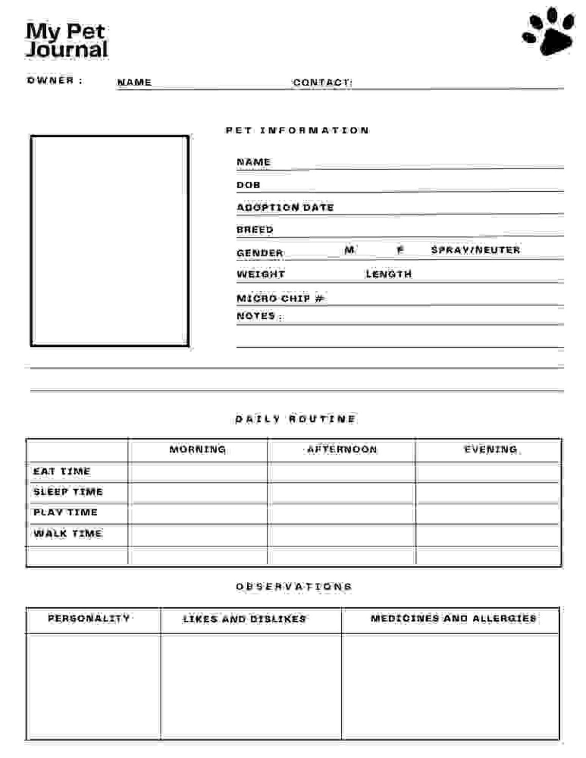 2-page Digital Pet Health Journal Templates. Printable. Pet Sitter ...