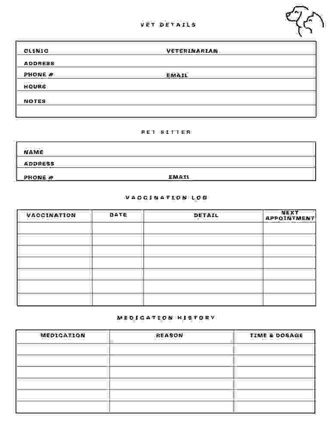 2-page Digital Pet Health Journal Templates. Printable. Pet Sitter ...